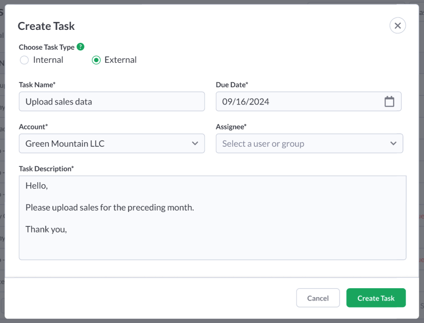 Tracking internal and external tasks in Green Check