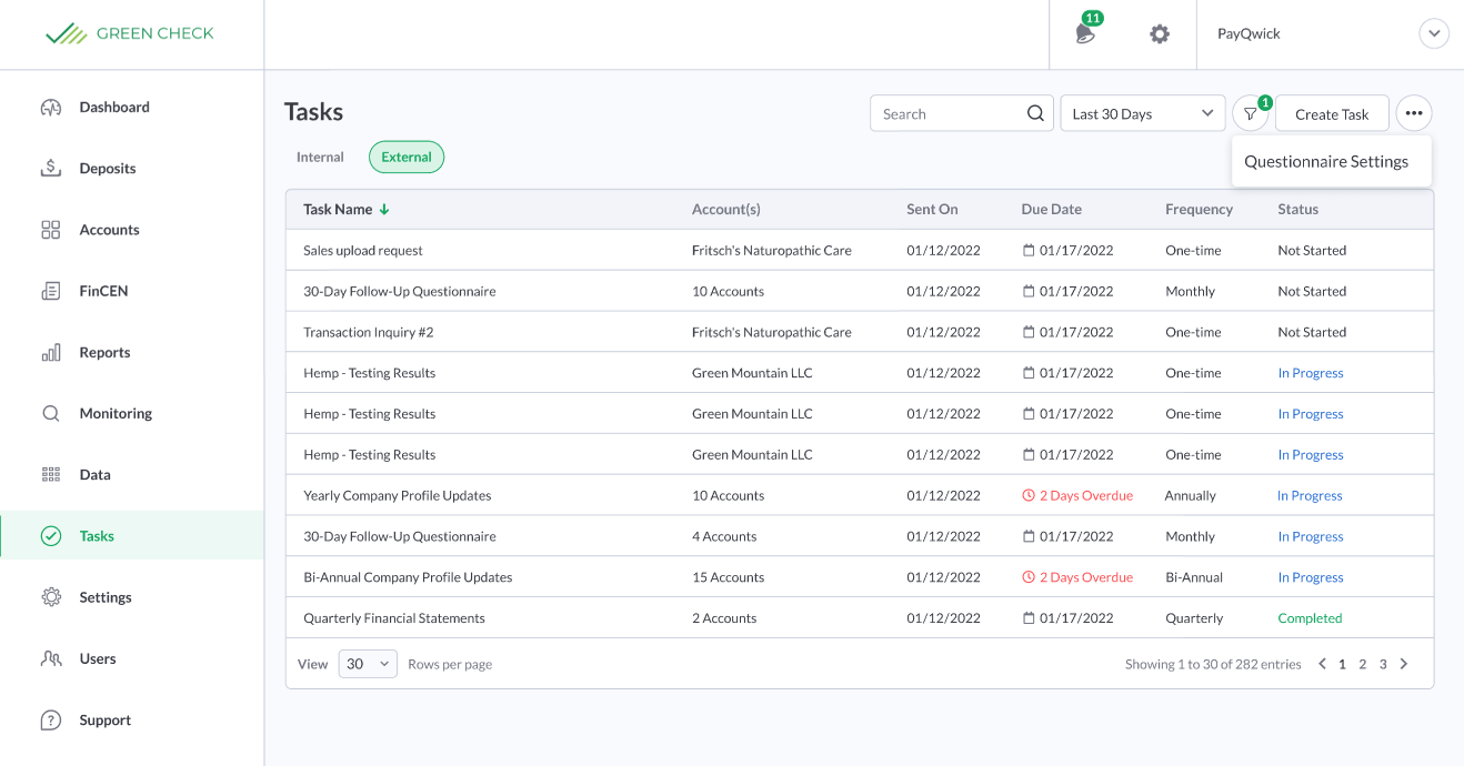 Tracking internal and external tasks in Green Check